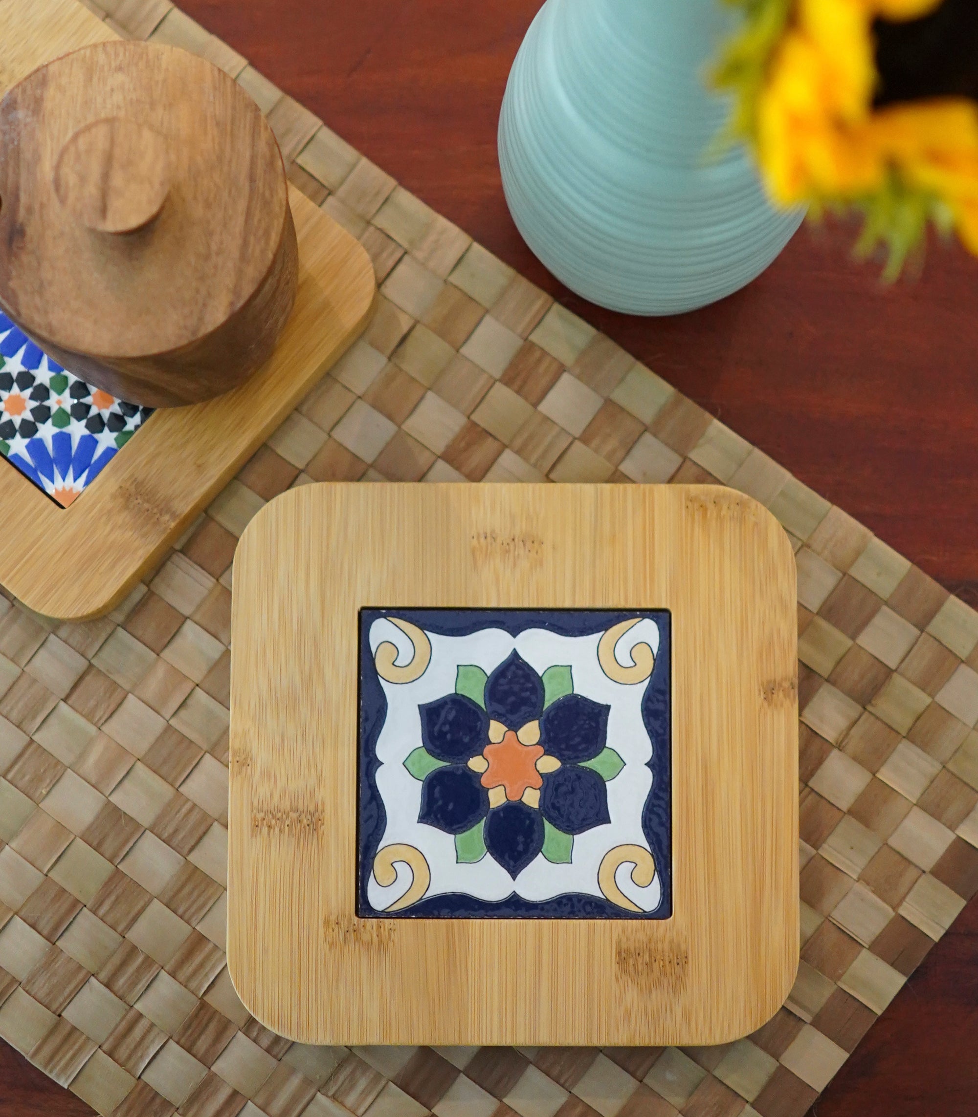 Aziza Wood and Ceramic Trivet - Square - 9 designs - Seek The Uniq