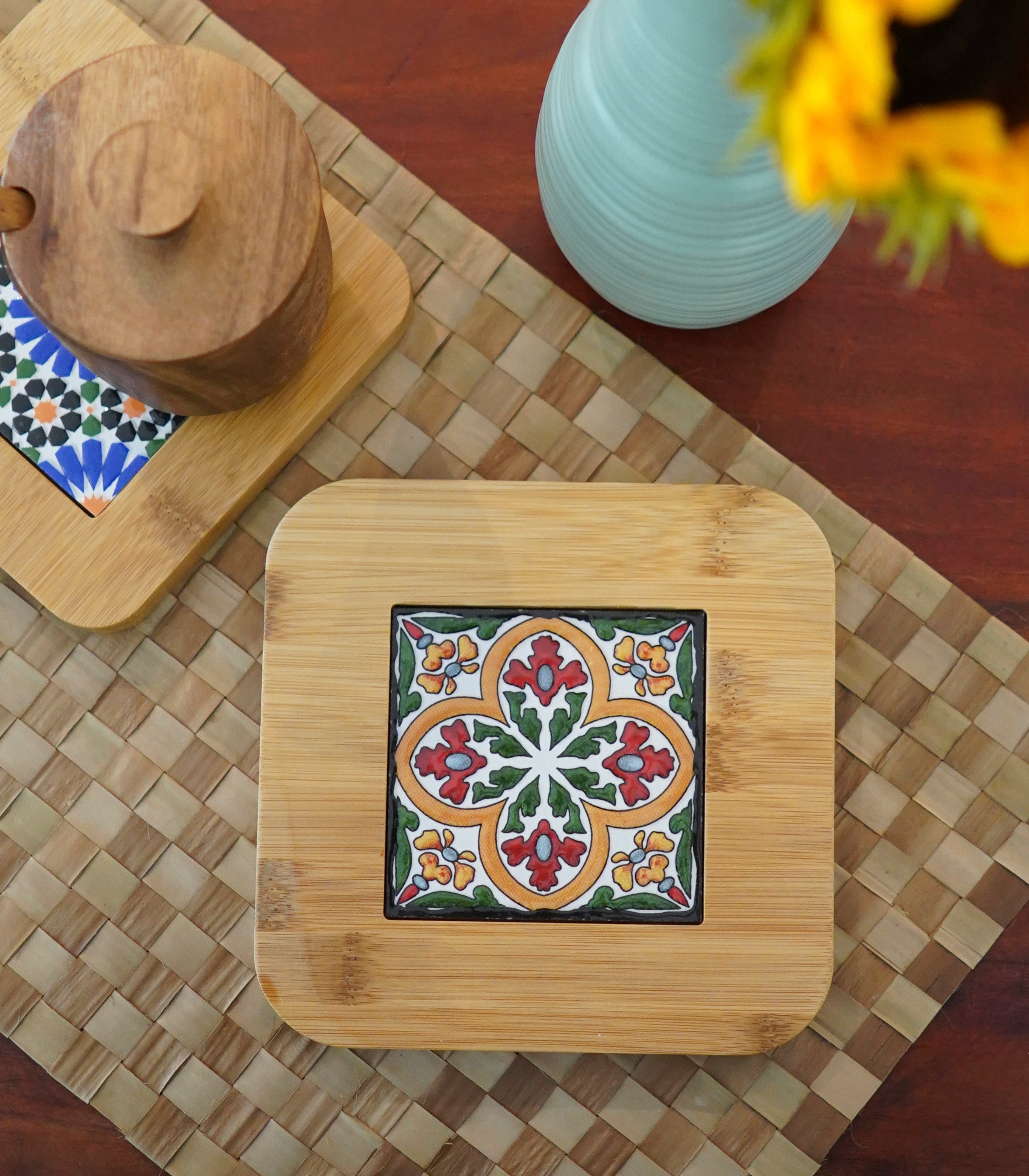Aziza Wood and Ceramic Trivet - Square - 9 designs - Seek The Uniq