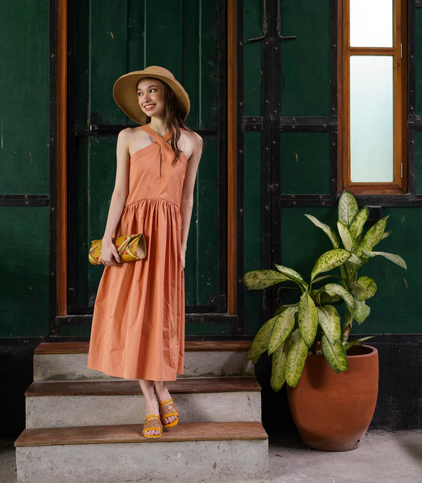 Lethem Cross Halter Midi Dress (Peach) - Seek The Uniq